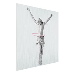 Bilderwelten Alu Dibond Outdoor Bild originell t&uuml;rkis Fotomontage wetterfest - Jesus mit Hula Hoop Reifen - Religion Wohnzimmer Schlafzimmer