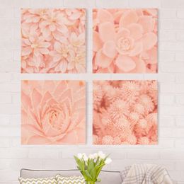 Bilderwelten 4-teiliges Leinwandbild - Quadrat Rosa Bl&uuml;tenzauber