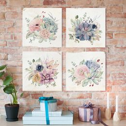 Bilderwelten Leinwandbild Blumen Vintage Fliesenoptik pastell - Aquarell Blumen Landhaus - Retro XXL Wohnzimmer Schlafzimmer