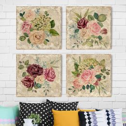 Bilderwelten 4-teiliges Leinwandbild - Quadrat Vintage Rosen und Hortensien
