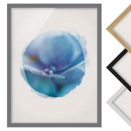 Bilderwelten Bild mit Rahmen - Hochformat Wasserfarben - Wassertropfen Hortensienbl&uuml;te