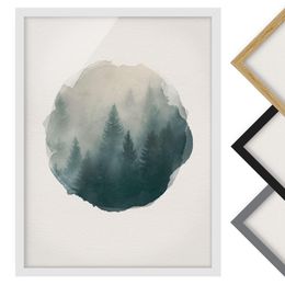 Bilderwelten Bild mit Rahmen Wald gr&uuml;n Fotomontage Aquarell - Wasserfarben - Nadelwald im Nebel - B&auml;ume Wohnzimmer Schlafzimmer