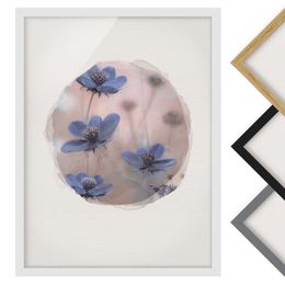 Bilderwelten Bild mit Rahmen Blumen beige Fotomontage Aquarell - Wasserfarben - Blaue Kosmeen - Deko Wohnzimmer Schlafzimmer