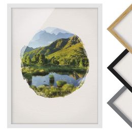Bilderwelten Bild mit Rahmen Natur beige Motiv Aquarell - Wasserfarben - Blick vom Hirschbichl ins Defereggental - Berg Wohnzimmer Schlafzimmer