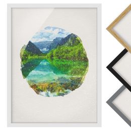 Bilderwelten Bild mit Rahmen Natur beige Motiv Aquarell - Wasserfarben - Bergsee mit Spiegelung - Berg Wohnzimmer Schlafzimmer