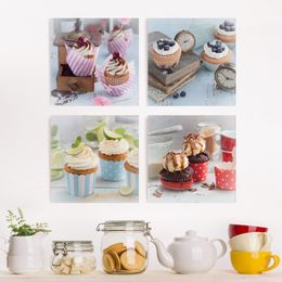 Bilderwelten 4-teiliges Leinwandbild - Quadrat Vintage Cupcakes mit Topping
