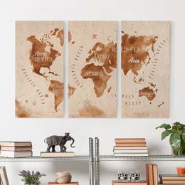 Bilderwelten 3-teiliges Leinwandbild - Querformat Weltkarte Aquarell beige braun