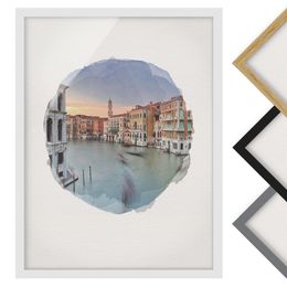 Bilderwelten Bild mit Rahmen Stadt beige Motiv Aquarell - Wasserfarben - Canale Grande Blick von der Rialtobr&uuml;cke Venedig - Architektur Wohnzimmer Schlafzimmer