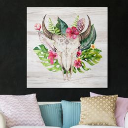 Bilderwelten Leinwandbild Blumen Tropisch Aquarell weiss - Tropical Flower Skull - Wandbild XXL Wohnzimmer Schlafzimmer