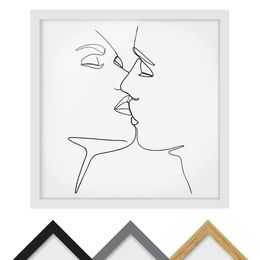 Bilderwelten Bild mit Rahmen - Quadrat Line Art Kuss Gesichter Schwarz Wei&szlig;