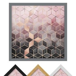 Bilderwelten Bild mit Rahmen - Quadrat Rosa Grau goldene Geometrie