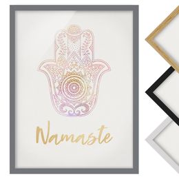 Bilderwelten Bild mit Rahmen - Hochformat Hamsa Hand Illustration Namaste gold rosa