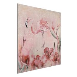Alu Dibond Outdoor Bild - Shabby Chic Collage - Flamingo - Blumen rosa Illustration Aquarell V&ouml;gel Wohnzimmer Schlafzimmer