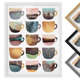 Gerahmtes Bild Bunte Kaffeetassen mit Gold