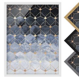 Bilderwelten Bild mit Rahmen - Hochformat Blaue Geometrie goldenes Art Deco