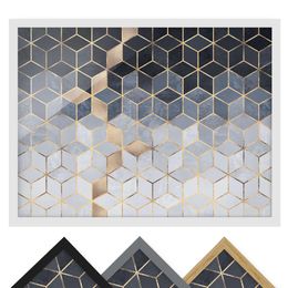Bilderwelten Bild mit Rahmen - Querformat Blau Wei&szlig; goldene Geometrie