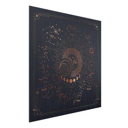 Bilderwelten Alu Dibond Outdoor Bild Weltkarte blau Illustration wetterfest - Astrologie Sonne Mond und Sterne Blau Gold - Himmel Wohnzimmer Schlafzimmer