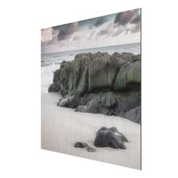 Bilderwelten Alu Dibond Outdoor Bild Strand beige Motiv wetterfest - Felsen am Strand - Landschaft Wohnzimmer Schlafzimmer
