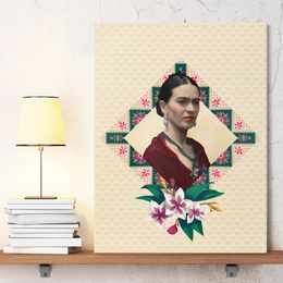 Bilderwelten Leinwandbild Blumen Pop Art Kunstdruck beige - Frida Kahlo - Blumen und Geometrie - Wandbild XXL Wohnzimmer Schlafzimmer