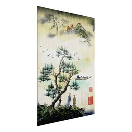 Bilderwelten Alu-Dibond Outdoor Bild Japanische Aquarell Zeichnung Kiefer und Bergdorf
