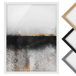 Bilderwelten Bild mit Rahmen originell schwarz weiss Abstrakt Aquarell - Abstrakter Goldener Horizont Schwarz Wei&szlig; - Deko Wohnzimmer Schlafzimmer