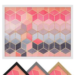 Bilderwelten Bild mit Rahmen originell rosa Abstrakt 3D-Effekt - Buntes Pastell goldene Geometrie - Geometrisch Wohnzimmer Schlafzimmer