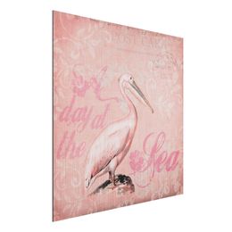 Alu Dibond Outdoor Bild - Shabby Chic Collage - Pelikan - Tiere pink Vintage wetterfest Retro Wohnzimmer Schlafzimmer