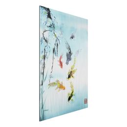 Bilderwelten Alu Dibond Outdoor Bild Tiere blau Vintage Aquarell - Japanische Aquarell Zeichnung Goldfische I - Retro Wohnzimmer Schlafzimmer