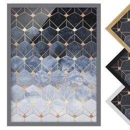 Bilderwelten Bild mit Rahmen - Hochformat Blaue Geometrie goldenes Art Deco