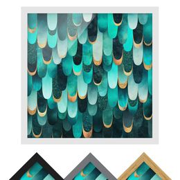 Bilderwelten Bild mit Rahmen originell t&uuml;rkis Abstrakt Aquarell - Federn Gold T&uuml;rkis - Geometrisch Wohnzimmer Schlafzimmer