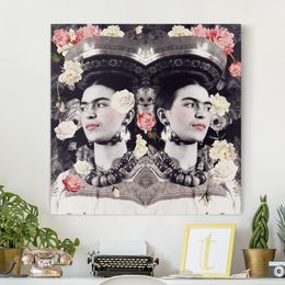 Bilderwelten Leinwandbild Blumen Pop Art Kunstdruck schwarz - Frida Kahlo - Blumenflut - Wandbild XXL Wohnzimmer Schlafzimmer