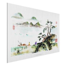 Alu Dibond Outdoor Bild - Japanische Aquarell Zeichnung See und Berge - Natur weiss Vintage Aquarell Berg Wohnzimmer Schlafzimmer