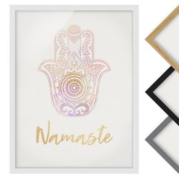 Bilderwelten Bild mit Rahmen - Hochformat Hamsa Hand Illustration Namaste gold rosa