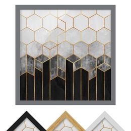 Bilderwelten Bild mit Rahmen - Quadrat Goldene Sechsecke Schwarz Wei&szlig;