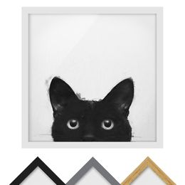 Bilderwelten Bild mit Rahmen Tiere schwarz Pop Art Aquarell - Illustration Schwarze Katze auf Wei&szlig; Malerei - Katze Wohnzimmer Schlafzimmer