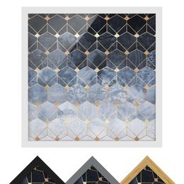 Bilderwelten Bild mit Rahmen originell gold Abstrakt Aquarell - Blaue Geometrie goldenes Art Deco - Geometrisch Wohnzimmer Schlafzimmer