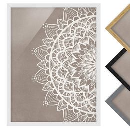 Bilderwelten Bild mit Rahmen Spirituell grau Orientalisch inkl. Rahmung - Mandala Illustration shabby wei&szlig; beige - Ornamente Wohnzimmer Schlafzimmer