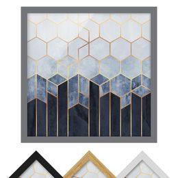 Bilderwelten Bild mit Rahmen - Quadrat Goldene Sechsecke Blau Wei&szlig;