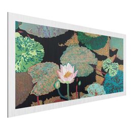 Bilderwelten Alu Dibond Outdoor Bild Blumen t&uuml;rkis Tropisch wetterfest - Seerose mit Bl&auml;ttern II - Deko Wohnzimmer Schlafzimmer