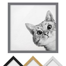 Bilderwelten Bild mit Rahmen - Quadrat Illustration Katze Zeichnung Schwarz Wei&szlig;