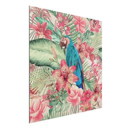 Bilderwelten Alu Dibond Outdoor Bild Tiere bunt Tropisch wetterfest - Blumenparadies tropischer Papagei - Pflanzen Wohnzimmer Schlafzimmer