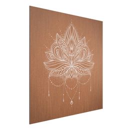Bilderwelten Alu Dibond Outdoor Bild Spirituell braun Orientalisch wetterfest - Boho Lotusbl&uuml;te wei&szlig; Korkoptik - Meditation Wohnzimmer Schlafzimmer