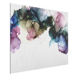 Bilderwelten Alu Dibond Outdoor Bild originell blau Abstrakt Aquarell - Blumenbogen mit Gold - Deko Wohnzimmer Schlafzimmer