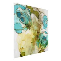 Alu Dibond Outdoor Bild - Blumenfacetten in Aquarell - originell t&uuml;rkis Abstrakt Aquarell Deko Wohnzimmer Schlafzimmer