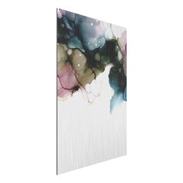 Alu Dibond Outdoor Bild - Blumenbogen mit Gold - originell blau Abstrakt Aquarell Deko Wohnzimmer Schlafzimmer