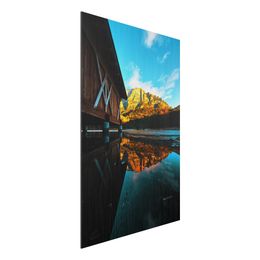 Alu Dibond Outdoor Bild - Bergspiegelung in den Dolomiten - Natur bunt Motiv wetterfest Berg Wohnzimmer Schlafzimmer