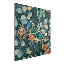 Bilderwelten Alu Dibond Outdoor Bild Tiere gr&uuml;n Vintage wetterfest - Blumenparadies Eisvogel und Kolibri - Pflanzen Wohnzimmer Schlafzimmer