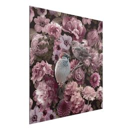 Bilderwelten Alu Dibond Outdoor Bild Tiere rosa modern wetterfest - Blumenparadies Spatzen in Altrosa - Rose Wohnzimmer Schlafzimmer