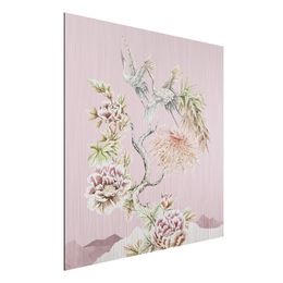 Alu Dibond Outdoor Bild - Aquarell St&ouml;rche im Flug mit Blumen auf Rosa - Tiere rosa Illustration Aquarell Ranke Wohnzimmer Schlafzimmer