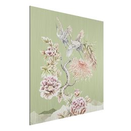 Alu Dibond Outdoor Bild - Aquarell St&ouml;rche im Flug mit Blumen auf Gr&uuml;n - Tiere gr&uuml;n Illustration Aquarell Ranke Wohnzimmer Schlafzimmer